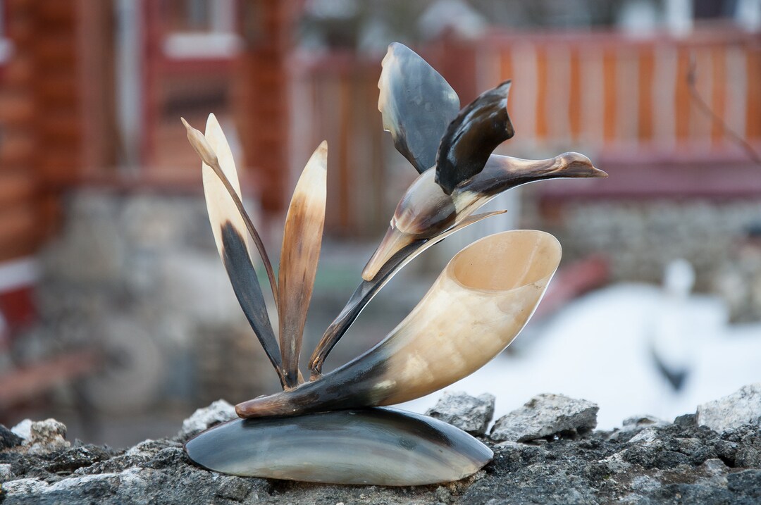 Bull Horn With Swan, Horn With Stork, Cow Horn, Swan Figurine, Handmade ...