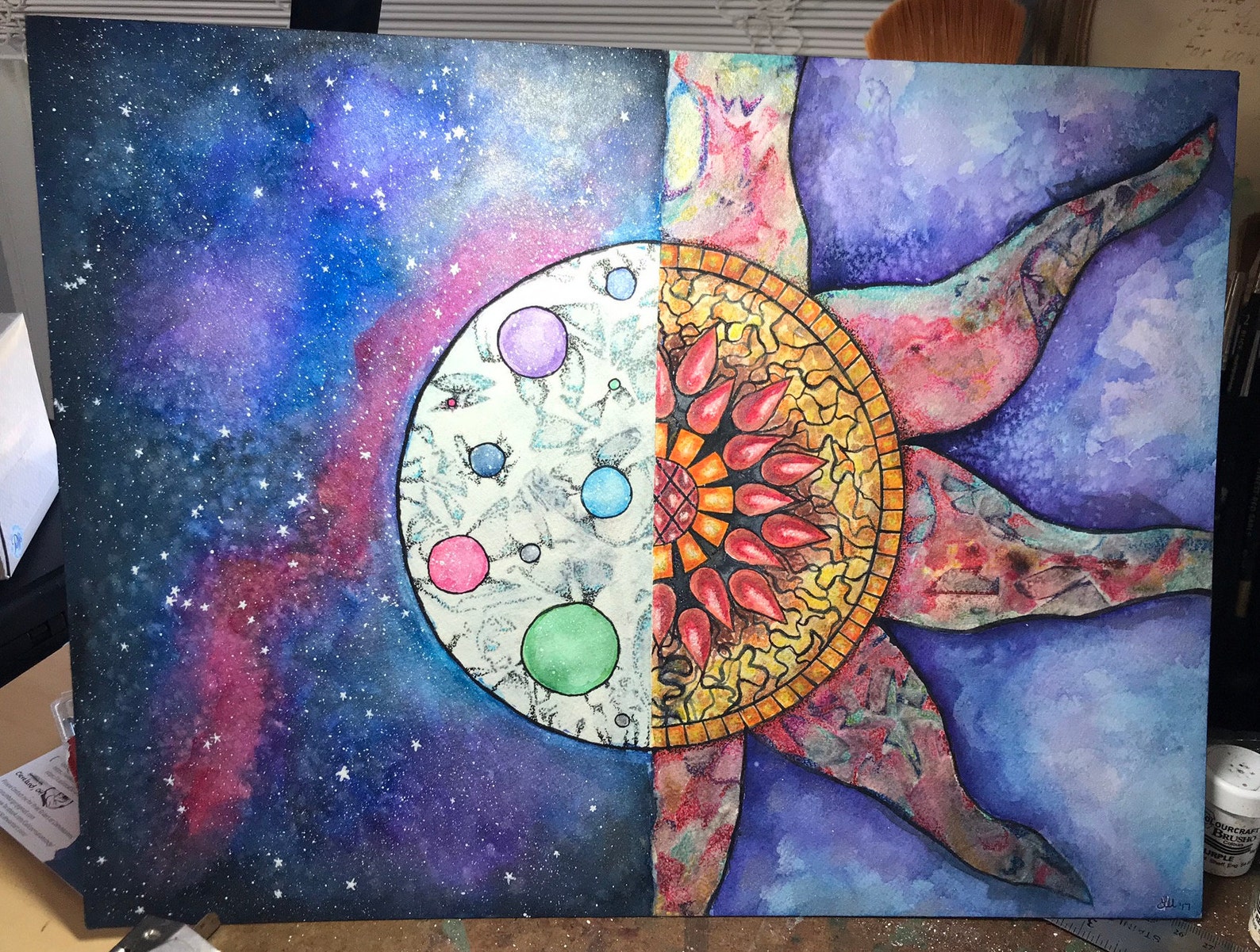 Pintura original de acuarela de sol y luna - Etsy México