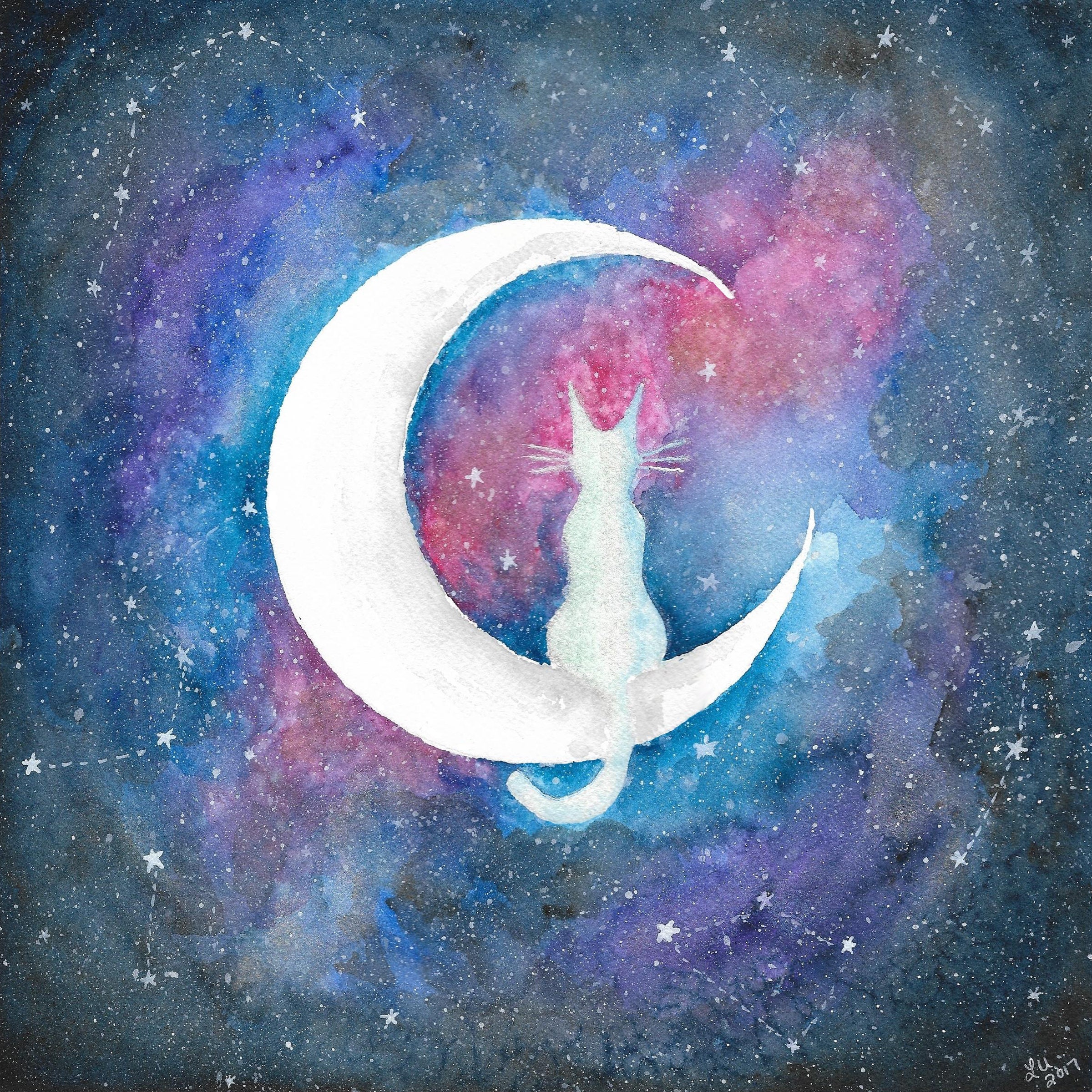 Moon Cat (large) Watercolor Print - Etsy Sweden