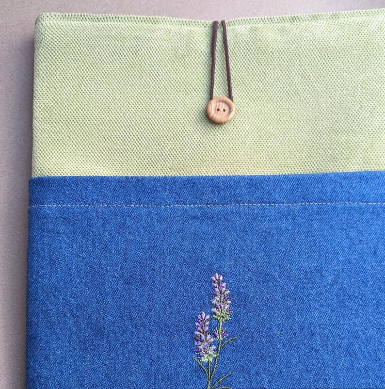 Embroidered Lavender Flower Denim Tablet Case, Green Canvas Sleeve - Etsy