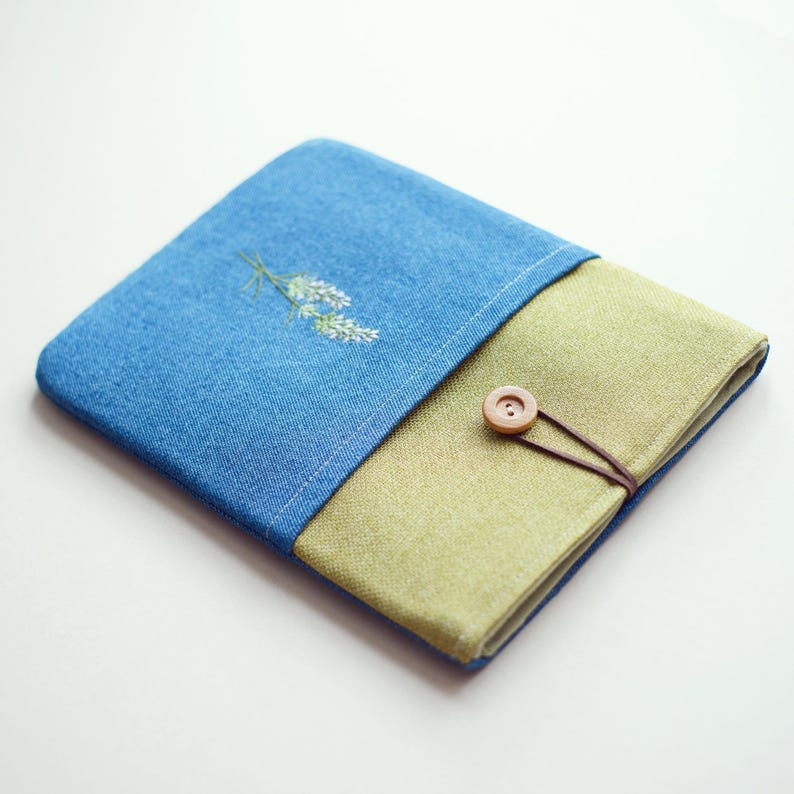 Embroidered Lavender Flower Denim Tablet Case, Green Canvas Sleeve - Etsy