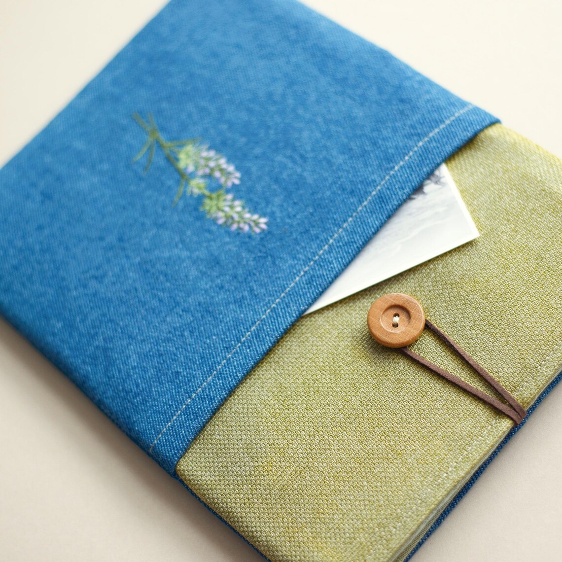 Embroidered Lavender Flower Denim Tablet Case, Green Canvas Sleeve - Etsy
