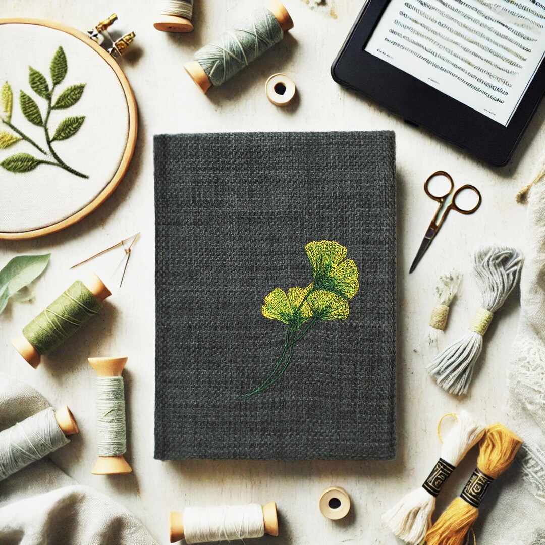 Handmade Kindle Case – Grey Upholstery Fabric – Embroidered Ginkgo ...