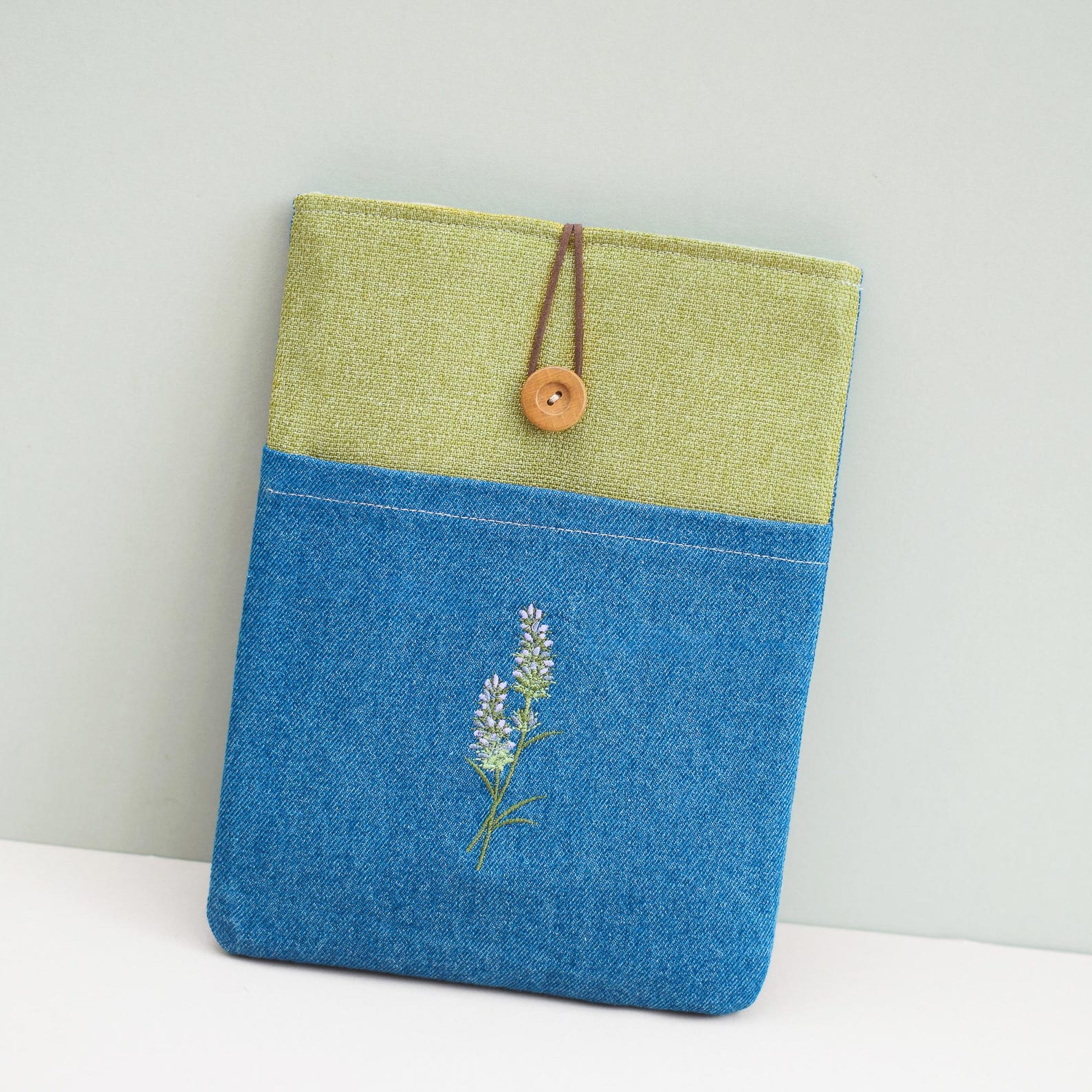 Embroidered Lavender Flower Denim Tablet Case, Green Canvas Sleeve - Etsy