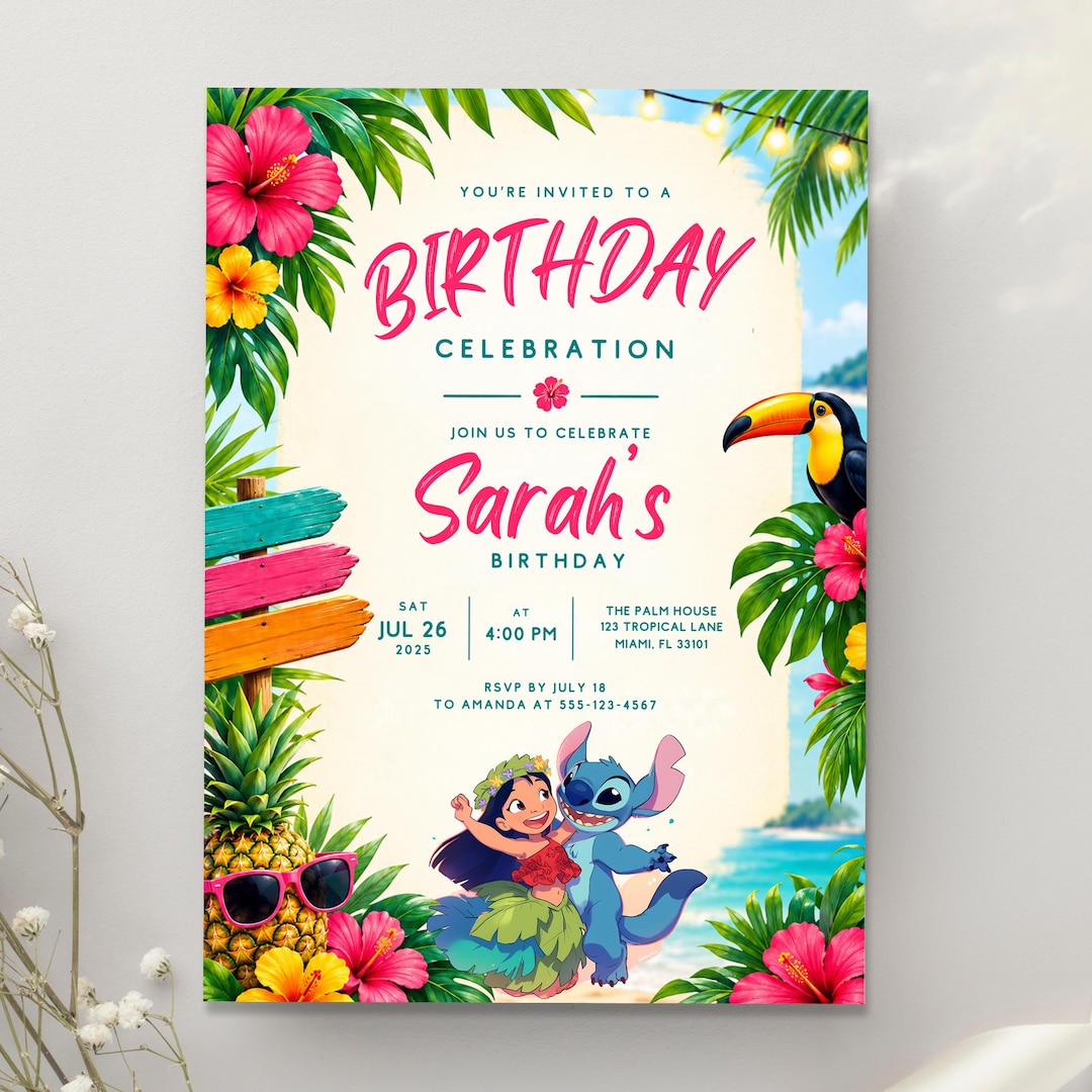 Lilo and Stitch Tropical Birthday Invitation | Hawaii Party Invites ...
