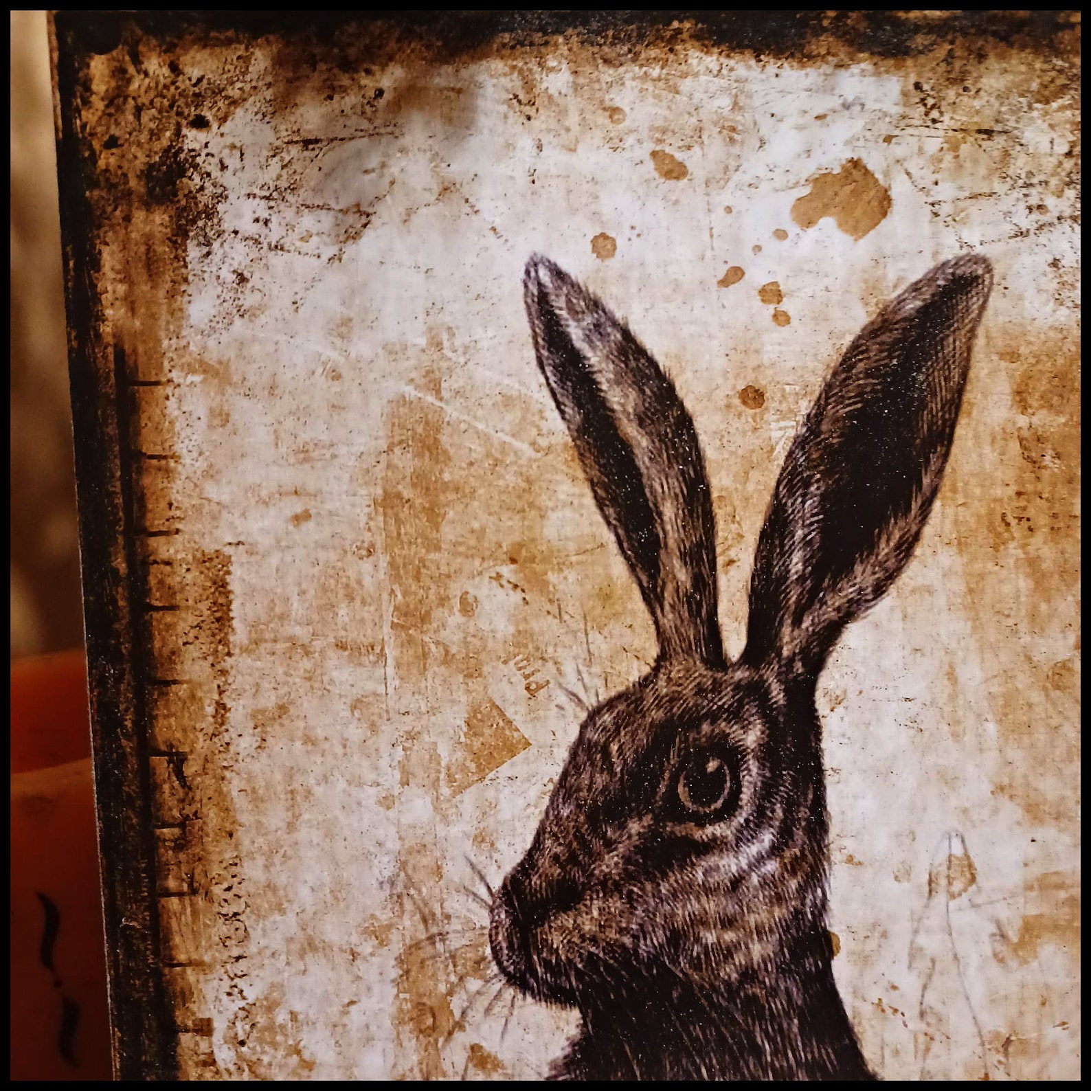 Extreme Very Primitive Decor Distressed Print Bunny Rabbit Hare ...