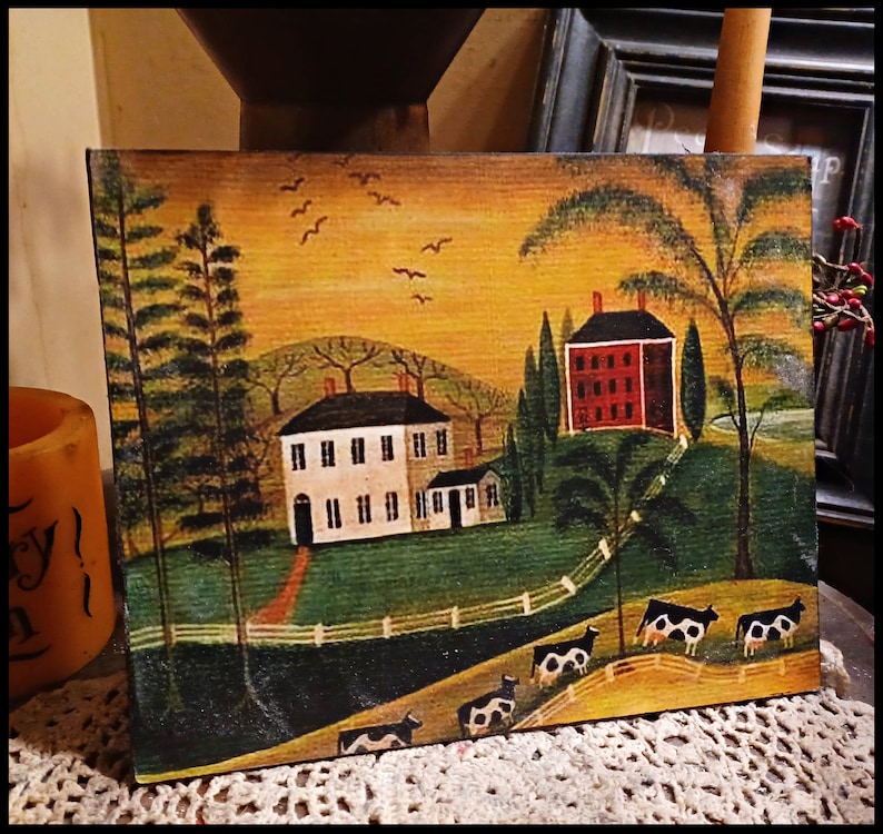 Primitive Colonial Folk Art Scene Saltbox House Cows Fence - Etsy