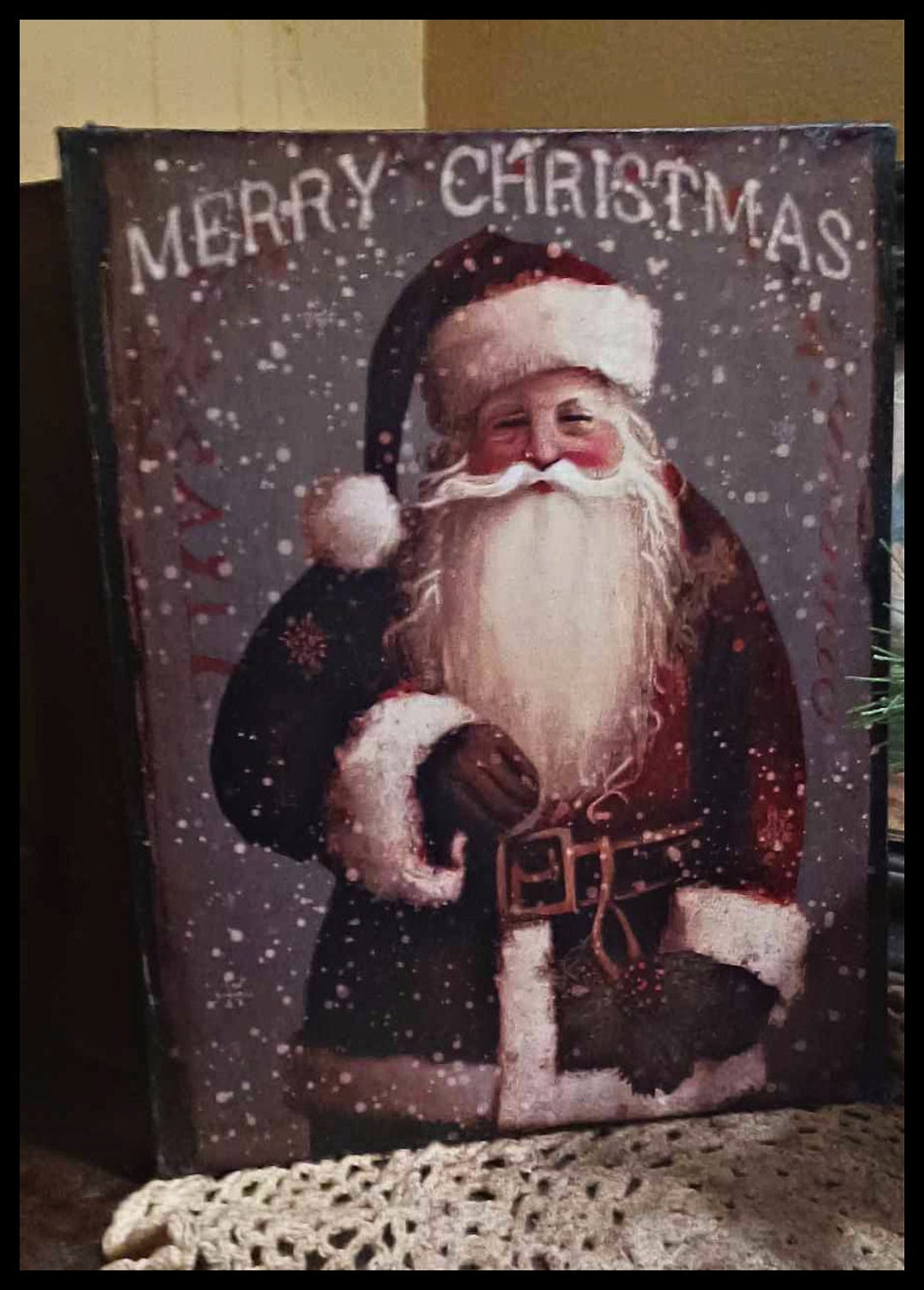 Primitive Vintage Country Sign Print Picture Snowy SANTA MERRY ...