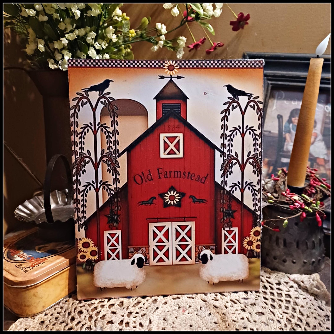 Primitive Farmhouse Print Sign Scene Sheep Willow Tree Sunflowers Crows ...