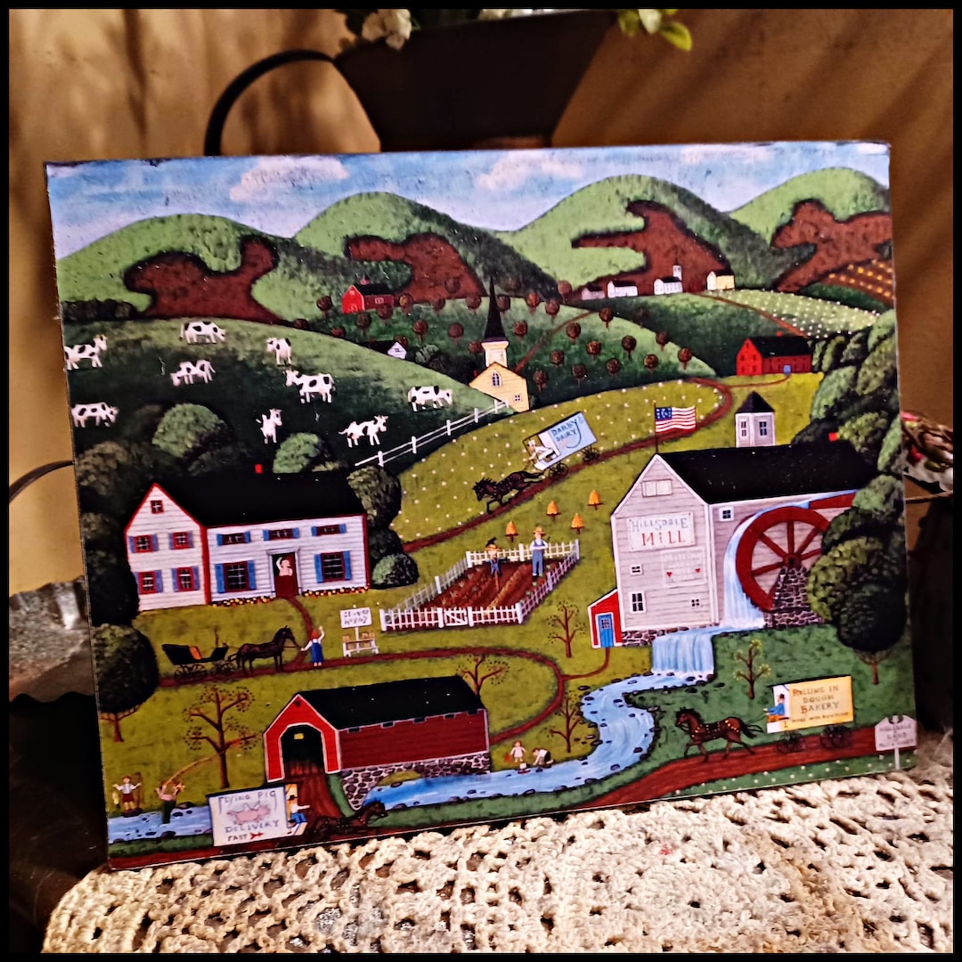 Primitive Farmhouse Folk Art Scene S Village Cows Garden Horse ...