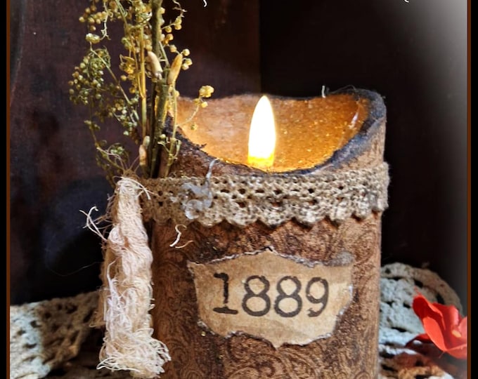 Handmade Very Primitive Prairie Grungy Fabric Covered LED Glow Candle ...