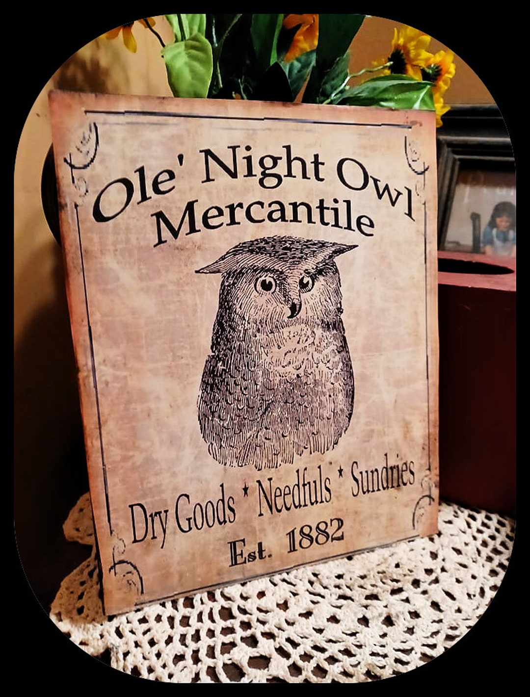 Vintage Primitive Distressed Print 1882 Old Night Owl Mercantile Dry ...
