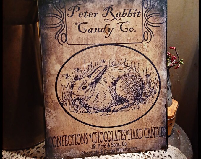 Vintage Very Primitive Decor Distressed PETER RABBIT Candy Co. Bunny ...