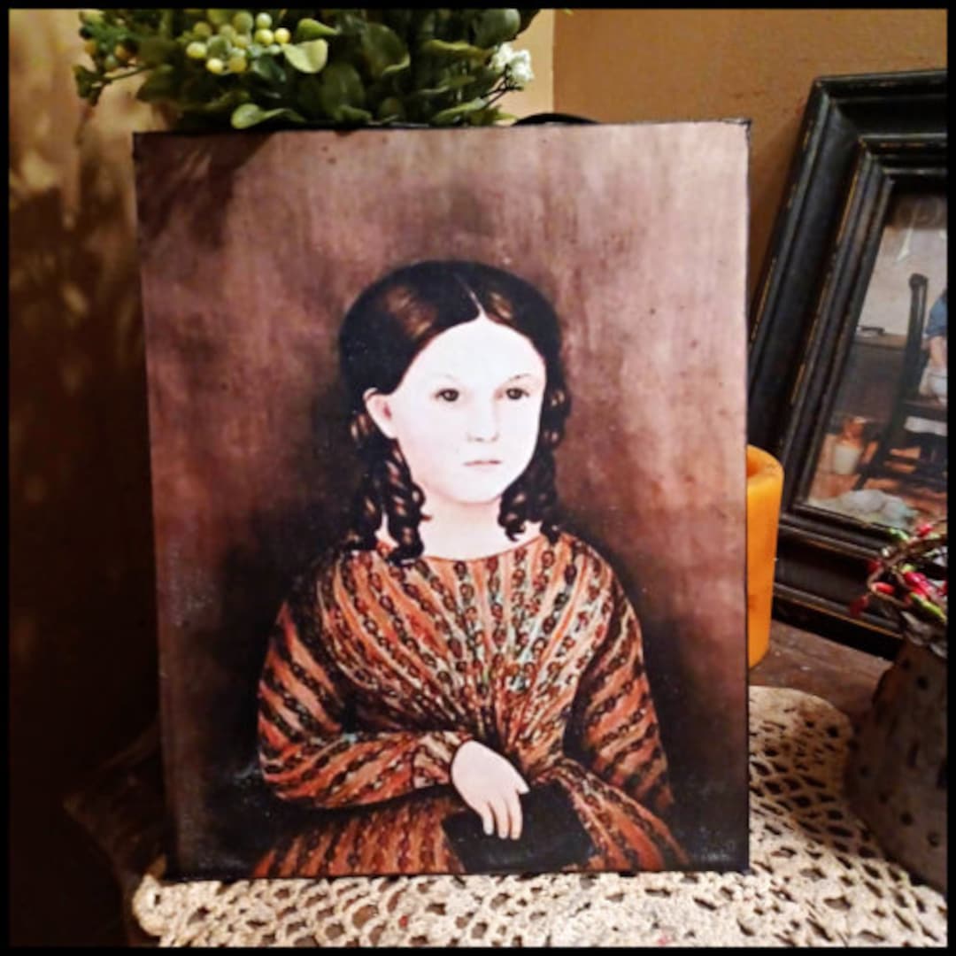 Colonial Vintage Primitive Sign Portrait of Young Girl With Brown Hair ...