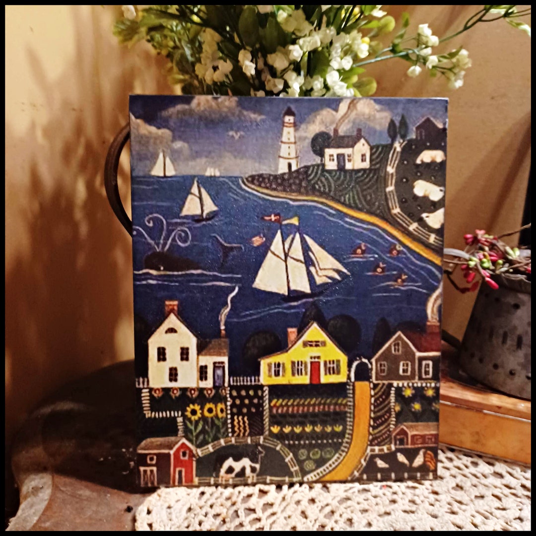 Primitive Colonial Folk Art Scene Sign Beach Saltbox House Cows Sheep ...