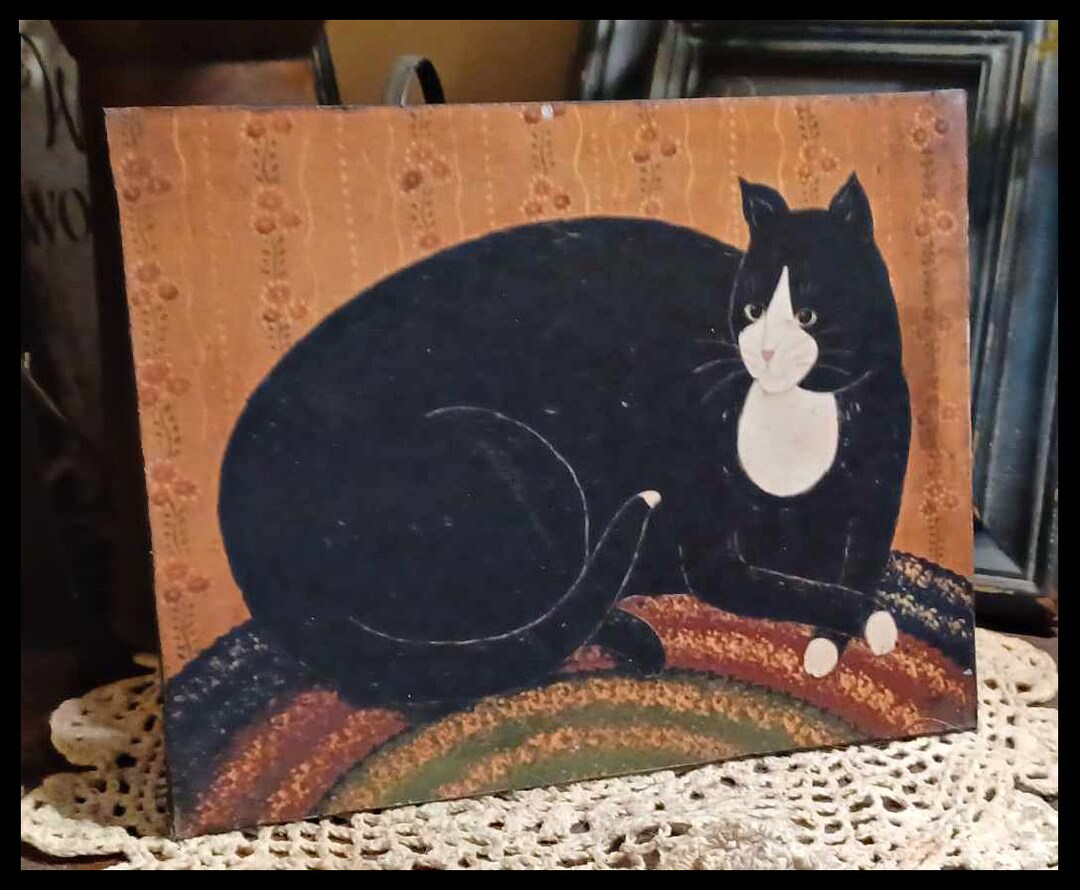 Primitive Folk Art Vintage Colonial Tuxedo CAT Ion Braided Rag Rug ...