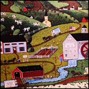 Primitive Farmhouse Folk Art Scene S Village Cows Garden Horse ...