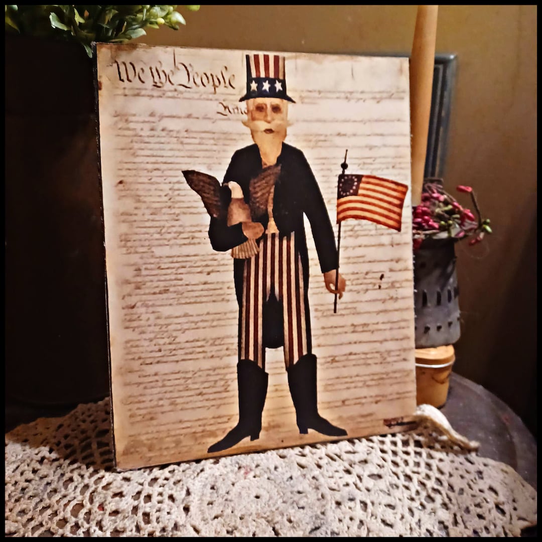 Primitive Vintage Colonial Print American Constitution Uncle Sam Eagle ...