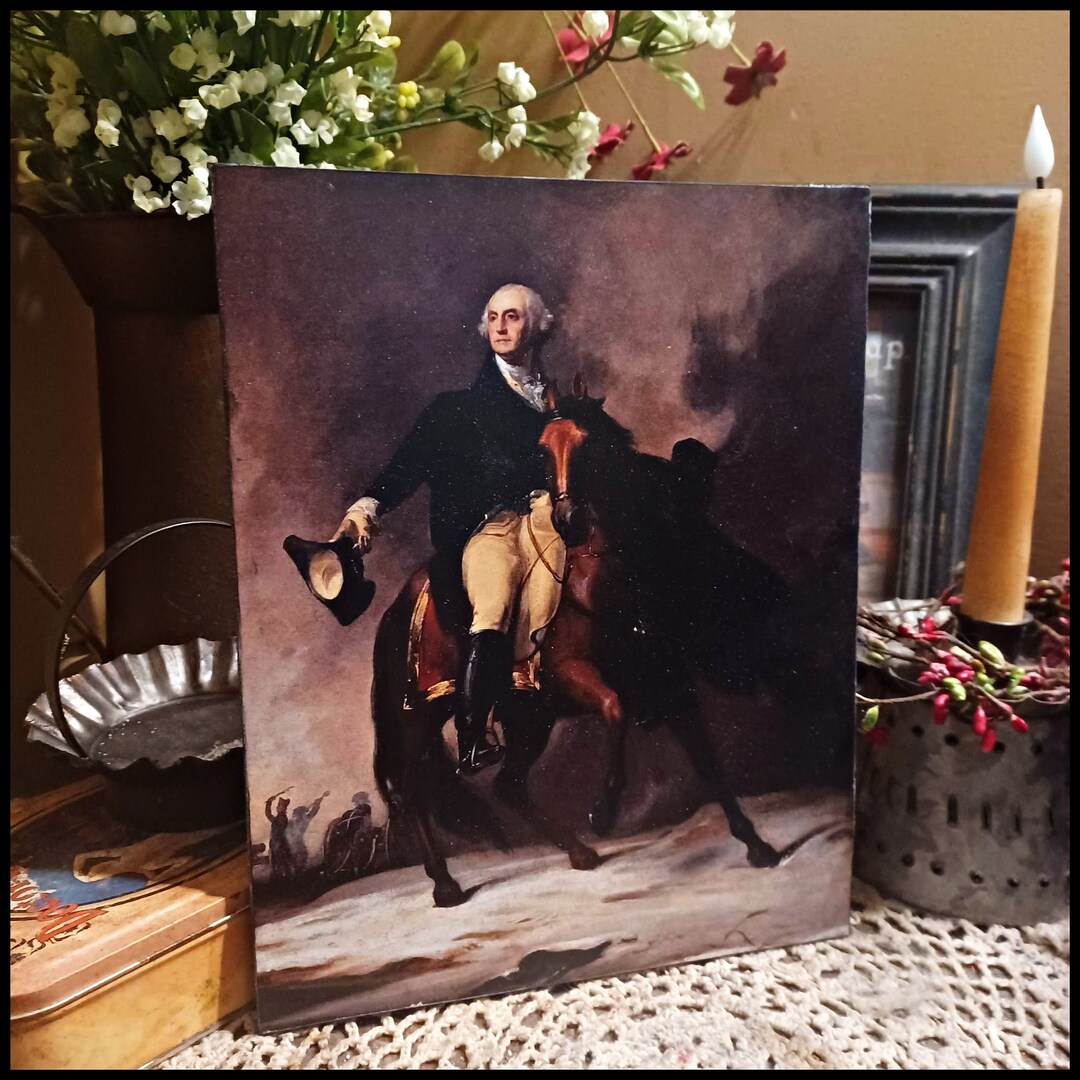 Colonial Vintage Distressed GEORGE WASHINTON on Horse Picture Print ...