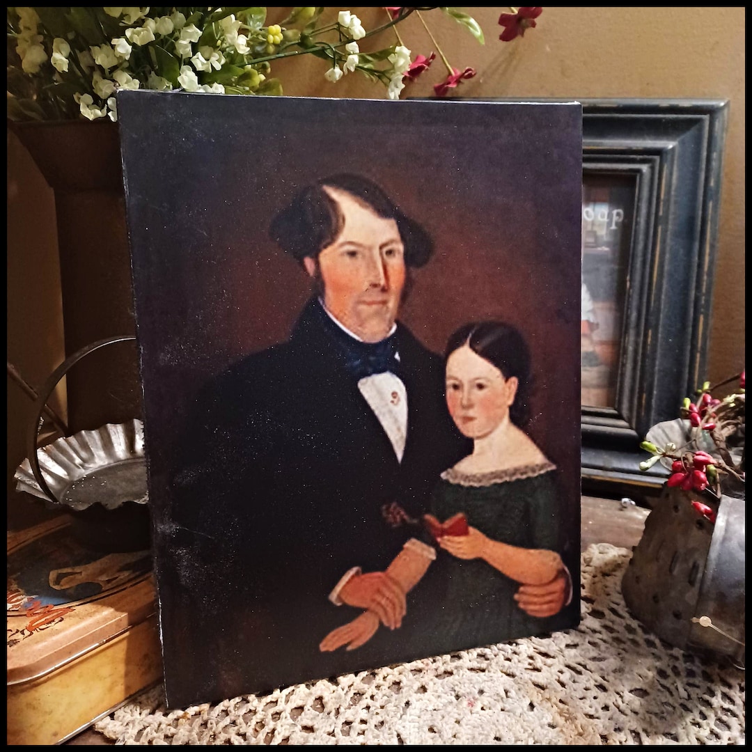 Colonial Vintage Reproduction Portrait FATHER Man and DAUGHTER Child ...