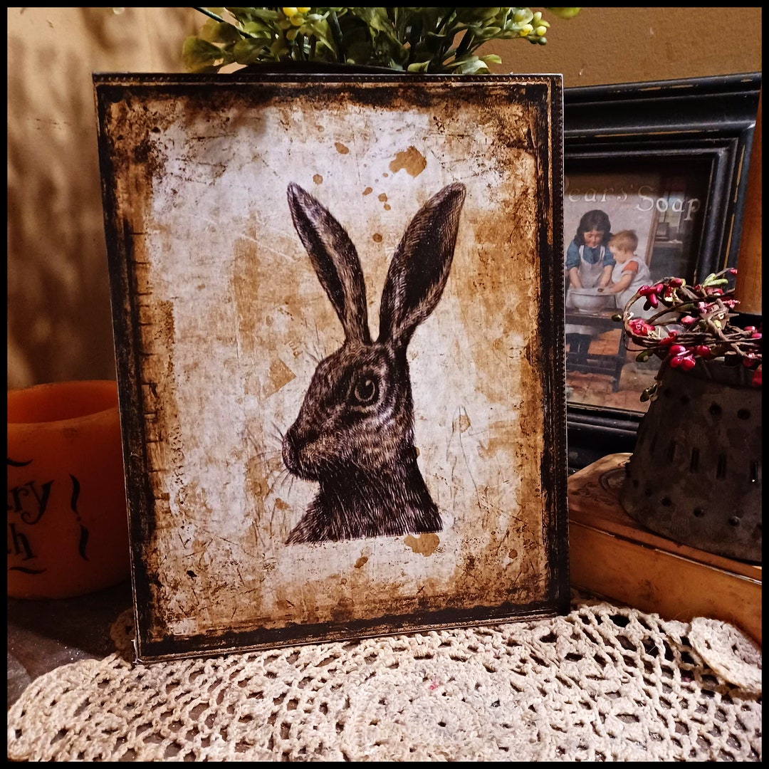 Extreme Very Primitive Decor Distressed Print Bunny Rabbit Hare ...