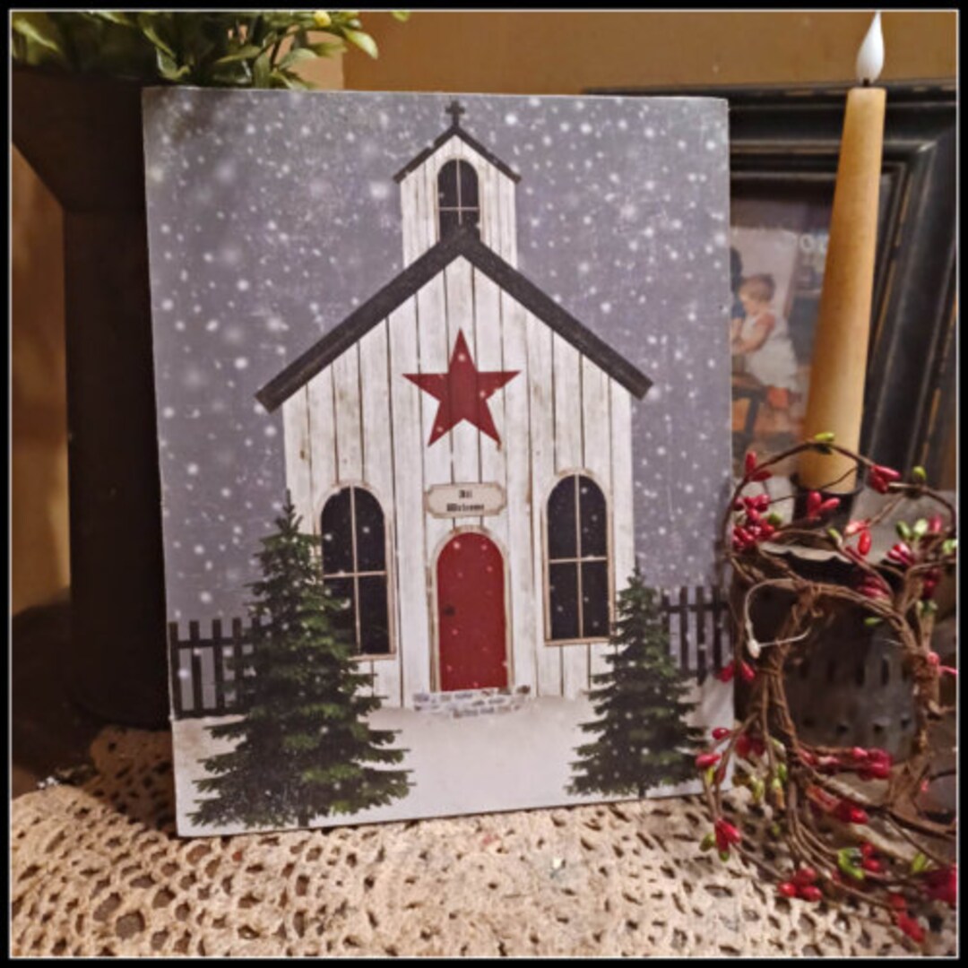 Primitive Vintage Sign Winter Scene CHRISTIAN CHURCH Snow Trees Barn ...