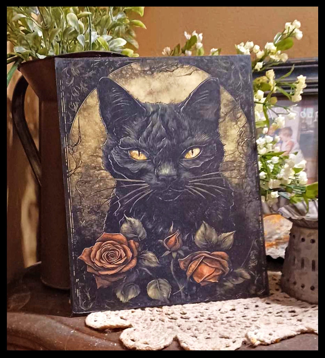 Vintage Distressed Primitive Victorian Creepy Gothic Black Cat Roses ...