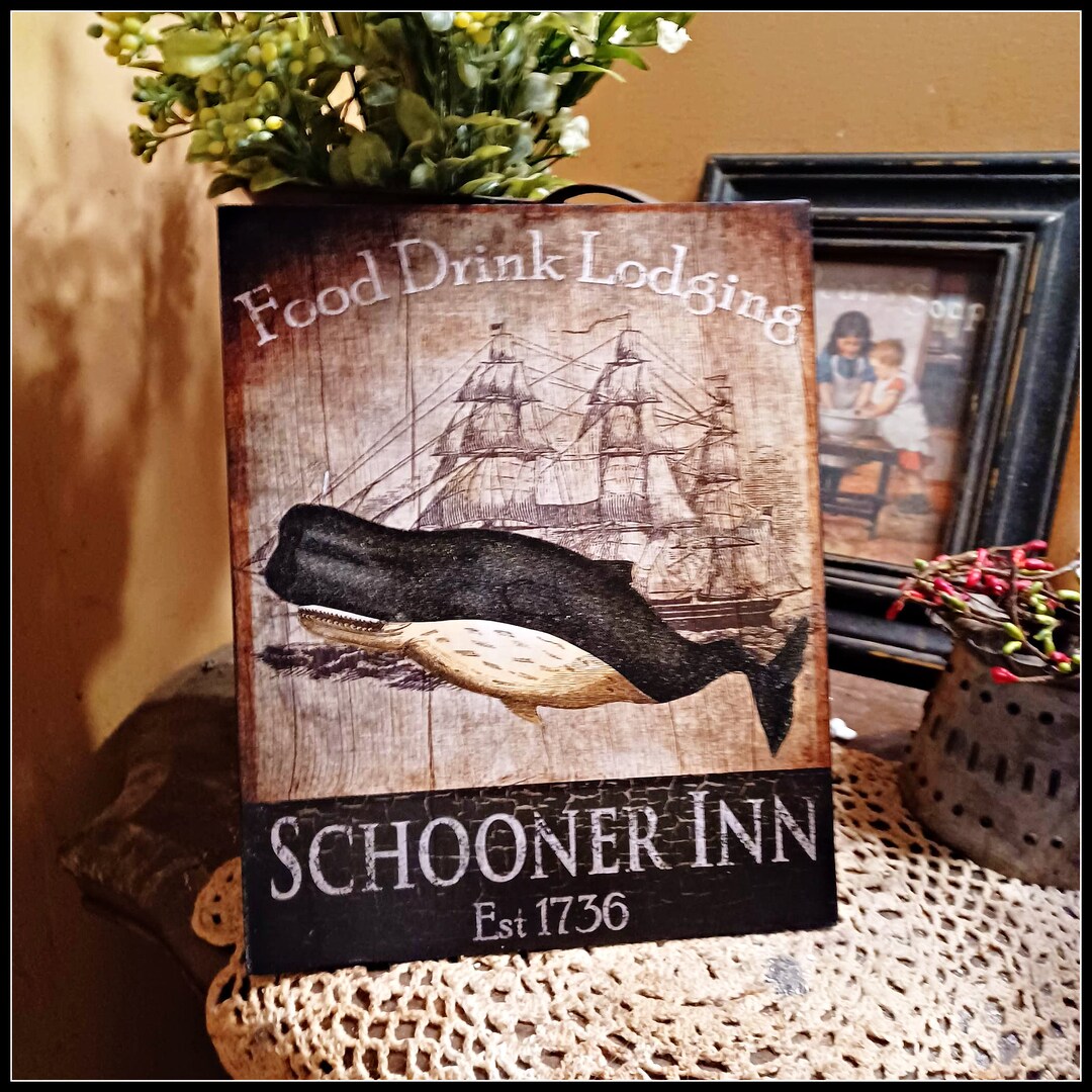 Primitive Vintage Colonial SCHOONER INN 1736 Ship Whale Beach Picture ...
