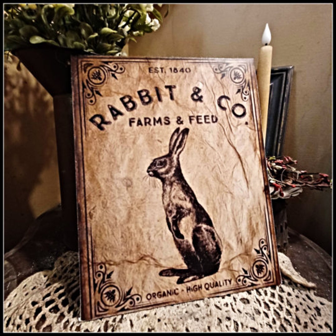 Vintage Primitive Decor Distressed Print Picture Sign RABBIT FARM Bunny ...