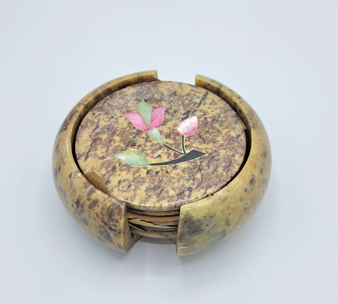 Soapstone Inlaid Coaster Set, Marble Like Stone With Floral Inlays - Etsy