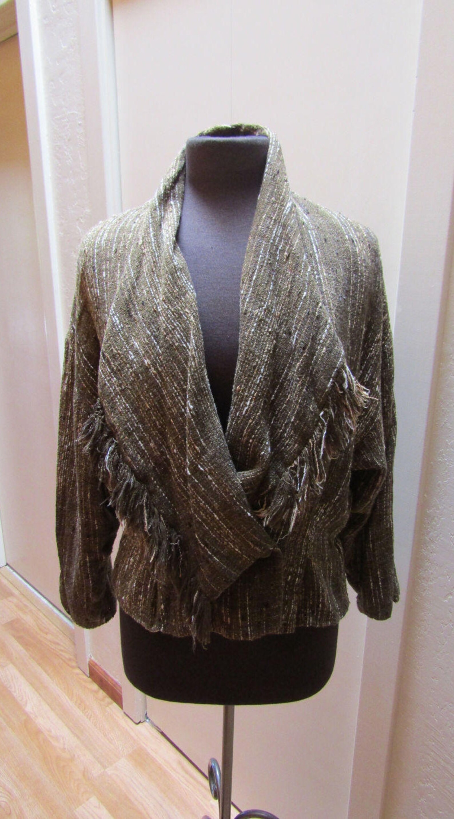 Size Small Medium Vintage Boho Moss Army Green W/ White Fringe Collar ...