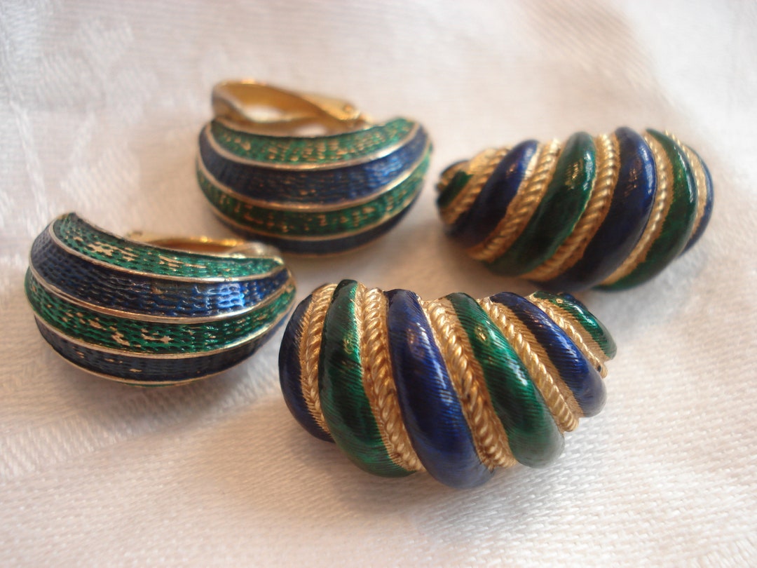 Boucher Enamel Ribbed Blue and Green Earrings, Pair, as Is - Etsy
