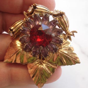 1940's Large Gold Tone Leaf and Ruby Red Rhinestone Pin - Etsy