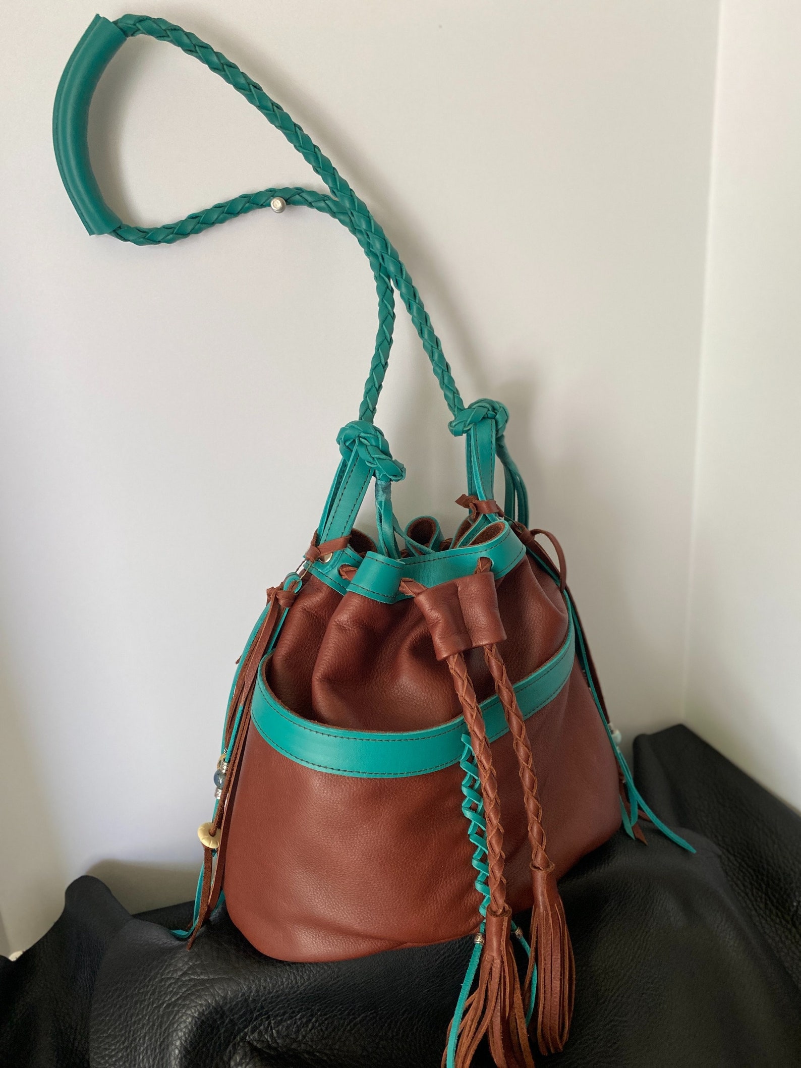 Leather Drawstring Bucket Bag, Beaded Fringe Tassels, Fringed ...