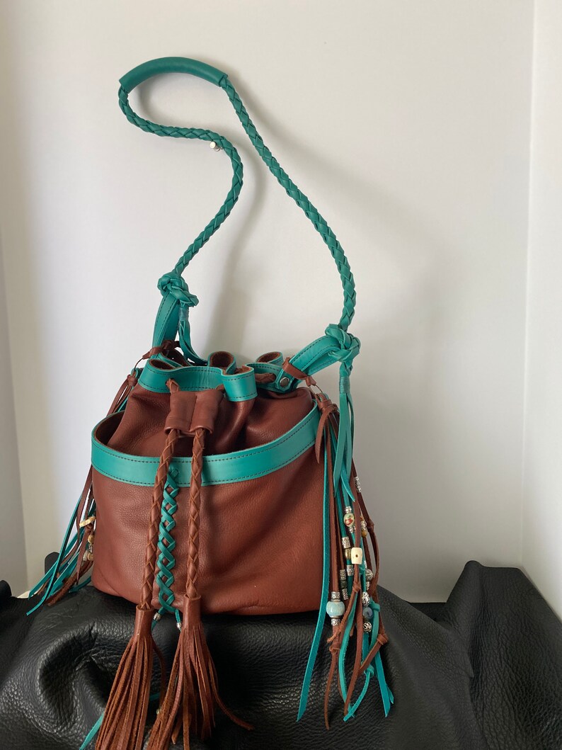 Leather Drawstring Bucket Bag, Beaded Fringe Tassels, Fringed ...