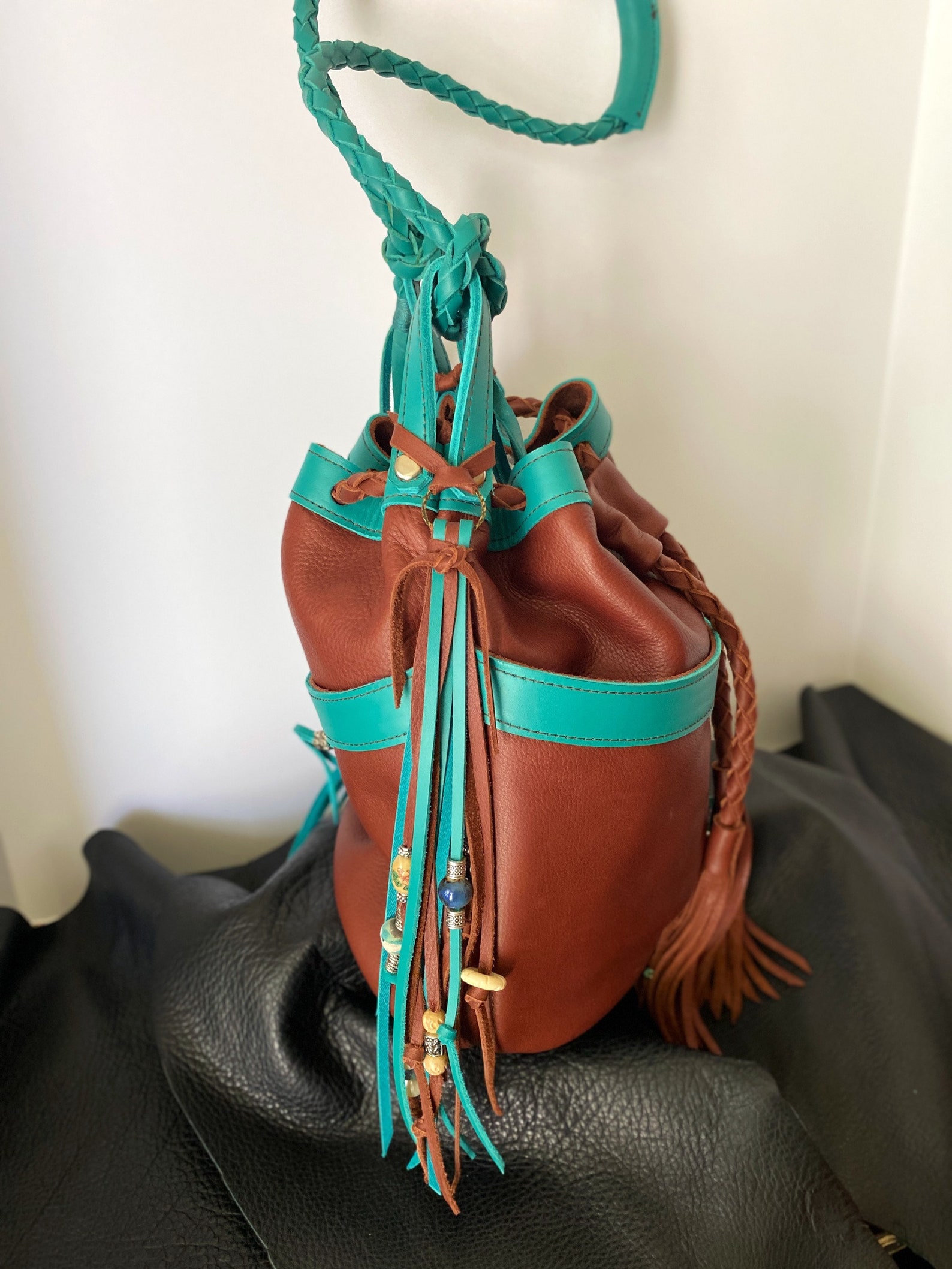 Leather Drawstring Bucket Bag: Beaded Fringe, Turquoise Trim - Etsy