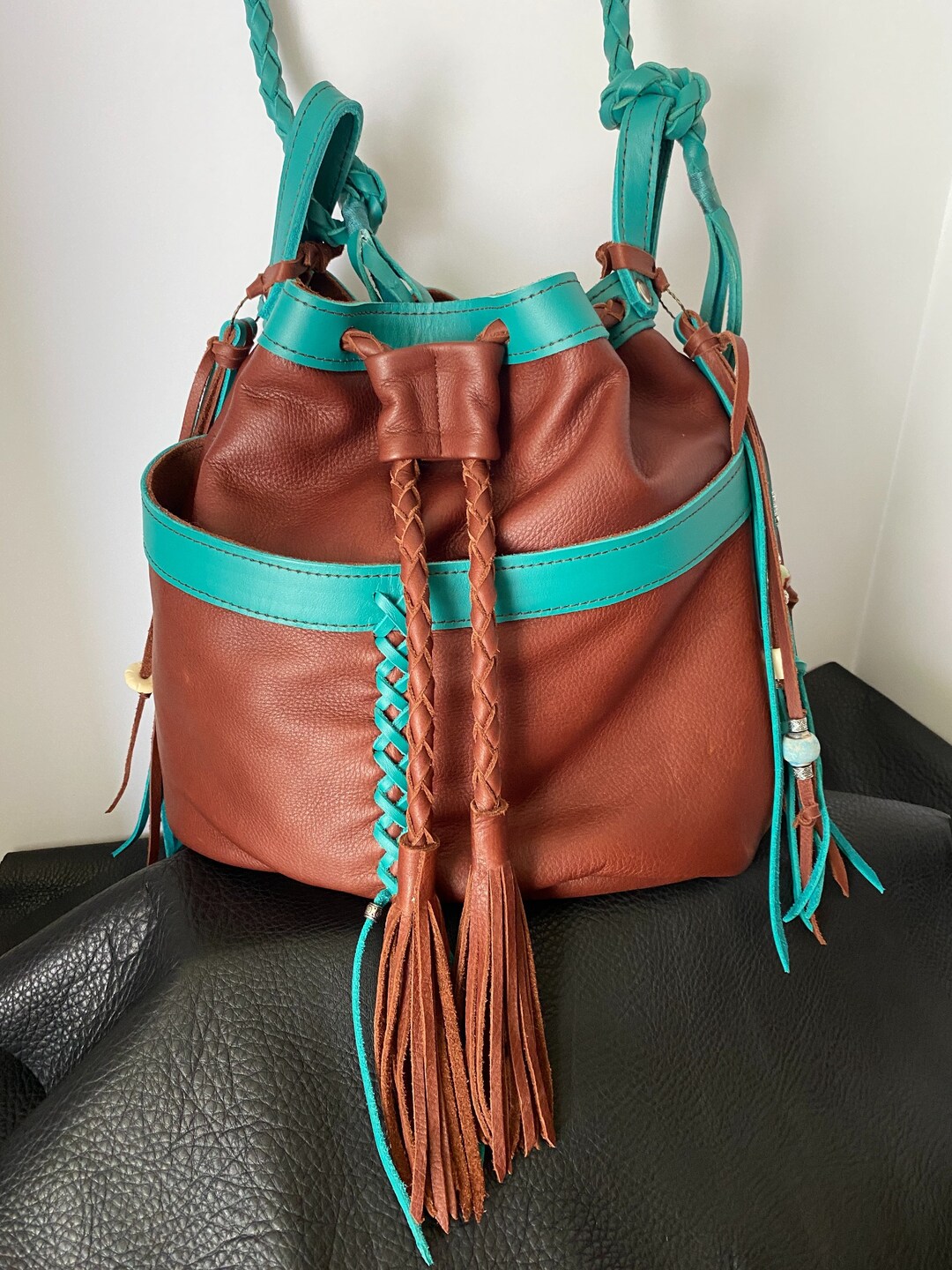 Leather Drawstring Bucket Bag Beaded Fringe Tassels Fringed - Etsy