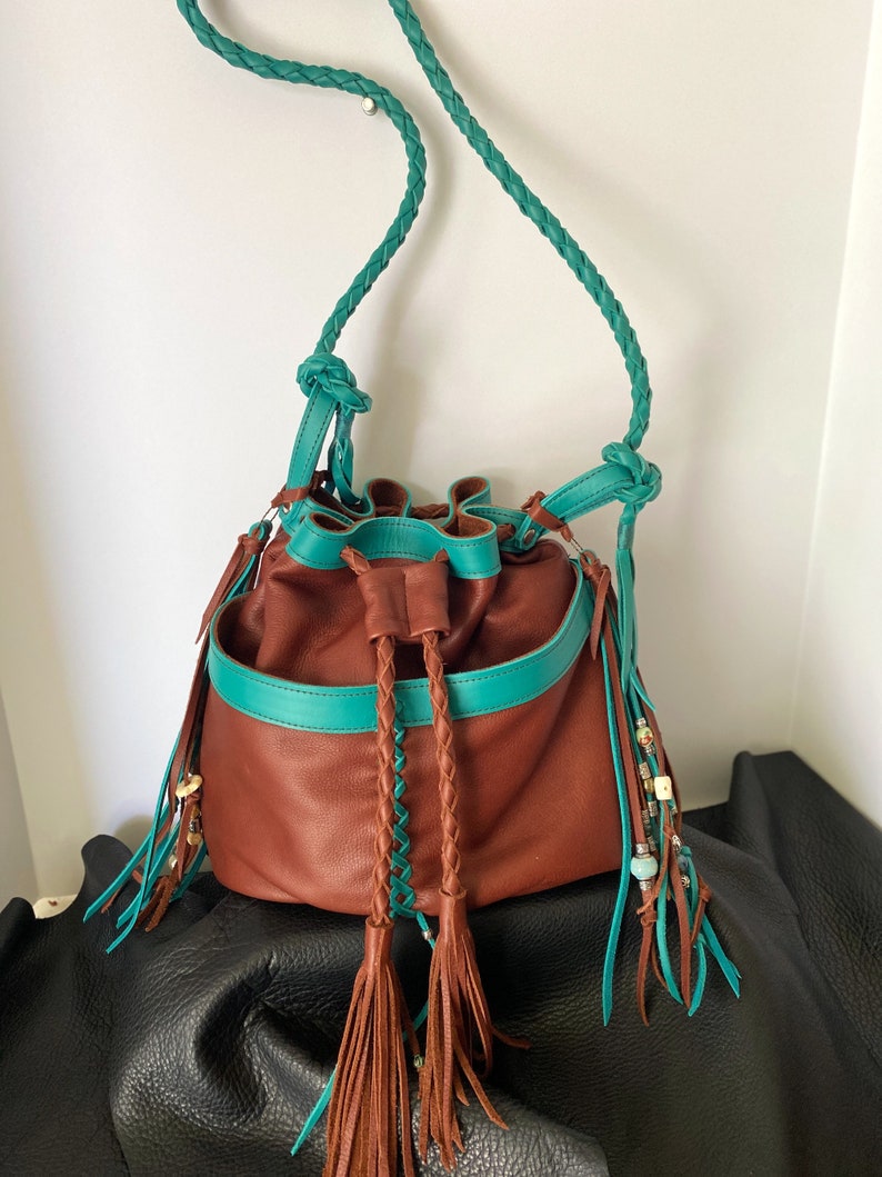 Leather Drawstring Bucket Bag Beaded Fringe Tassels Fringed - Etsy