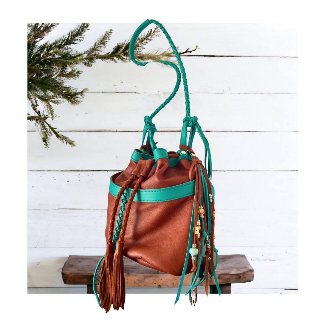 Leather Drawstring Bucket Bag, Beaded Fringe Tassels, Fringed ...