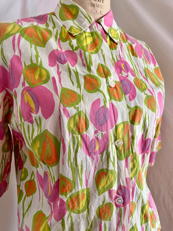 1950s tulip print cotton loop button blouse Sz s/m/l - Gem