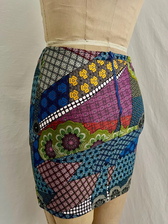 1990s faux patchwork stretch mini skirt & jacket Sz x… - Gem