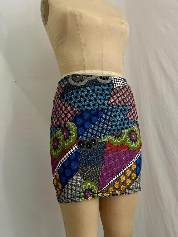 1990s faux patchwork stretch mini skirt & jacket Sz x… - Gem