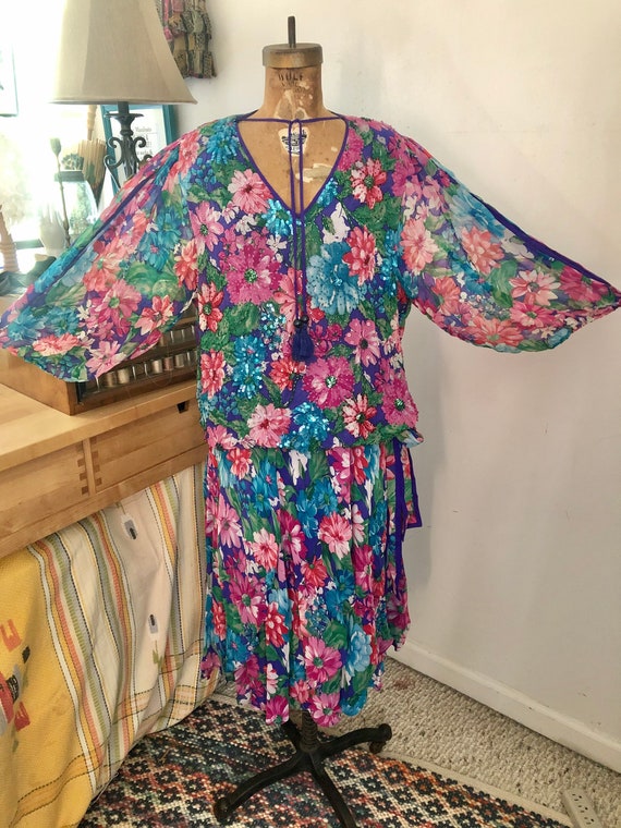 1980s Diane Freis colorful silk and sequins skirt set… - Gem