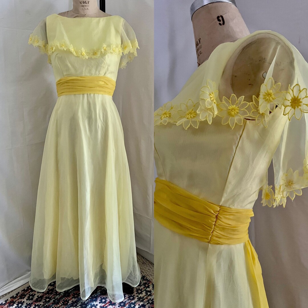 1970s Vintage Buttercup Yellow Shawl Collar Sheet Maxi Gown Xs/s - Etsy