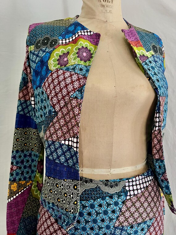 1990s faux patchwork stretch mini skirt & jacket Sz x… - Gem