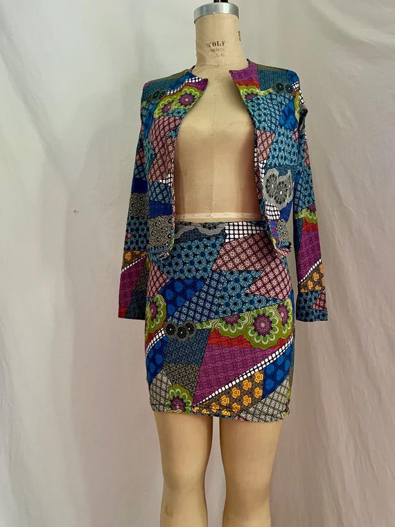 1990s faux patchwork stretch mini skirt & jacket Sz x… - Gem