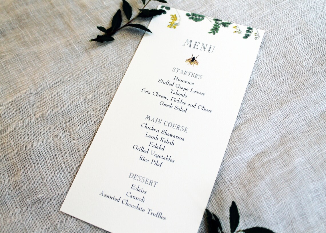 Bee Wedding Menu Template Wildflower Bee Wedding Menu DIY - Etsy