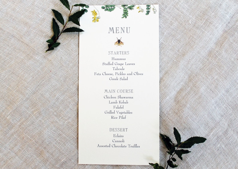 Bee Wedding Menu Template Wildflower Bee Wedding Menu DIY - Etsy