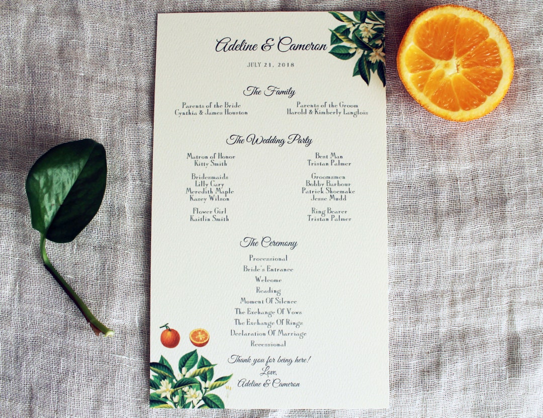 Orange Wedding Program Template | Orange Wedding Program DIY | Orange ...