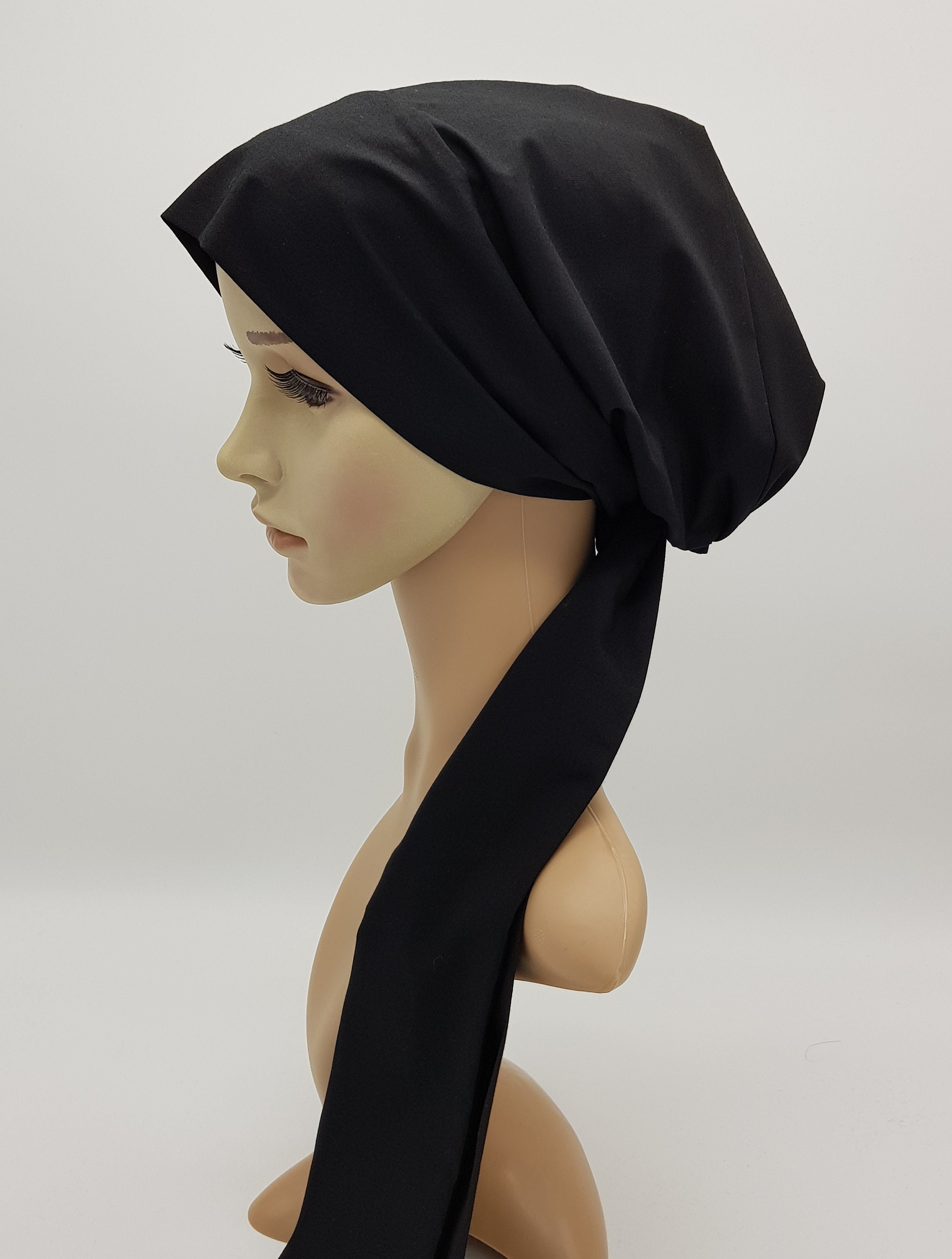 Black Cotton Head Wear for Women, Elasticated Bonnet With Long Ties ...